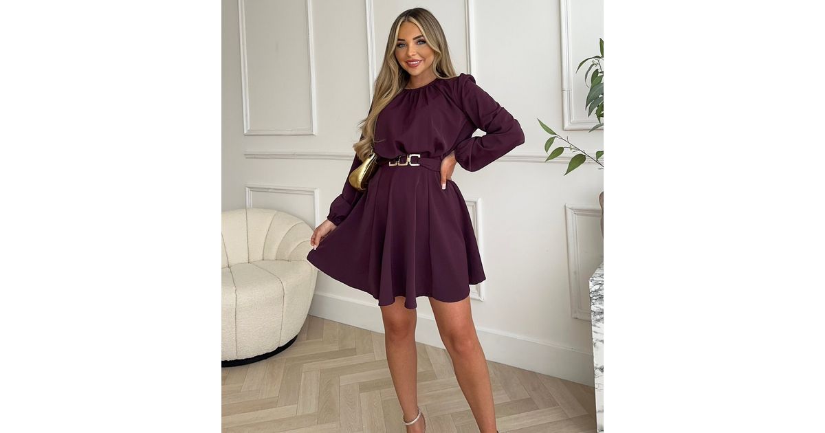 AX Paris Dark Purple Belted Mini Skater Dress | New Look