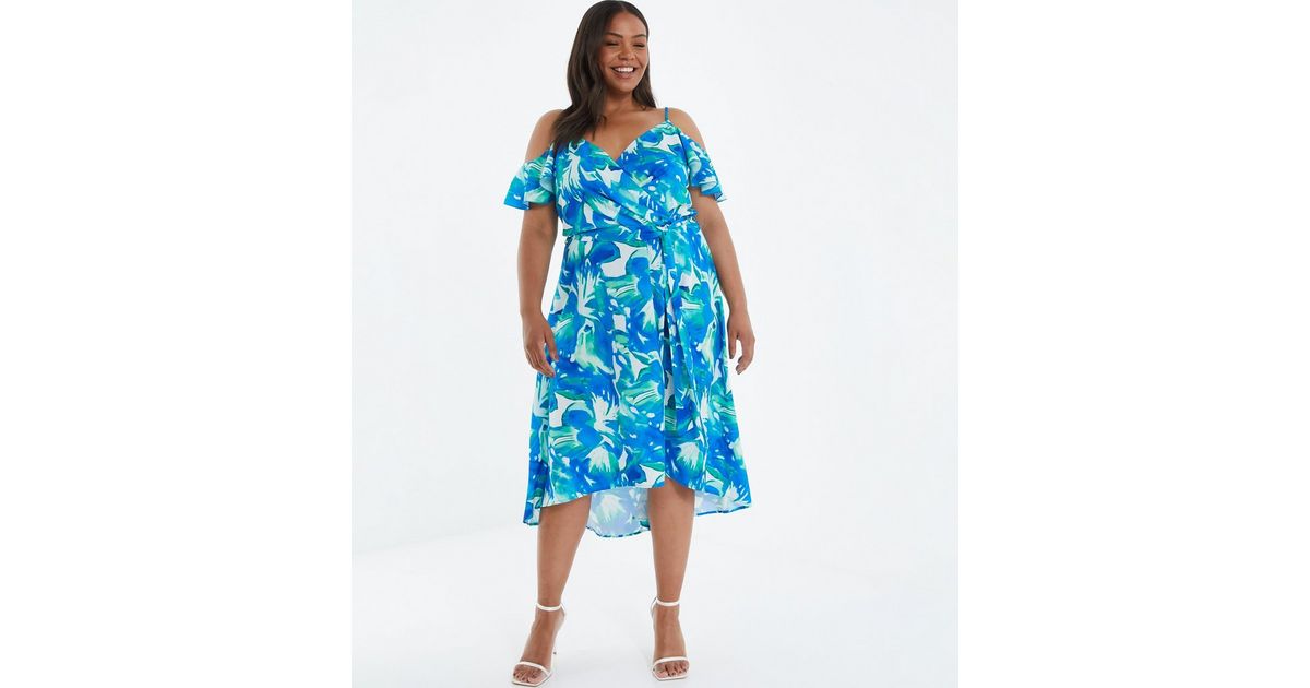 QUIZ Curves Blue Tropical Cold Shoulder Midi Dress | New Look