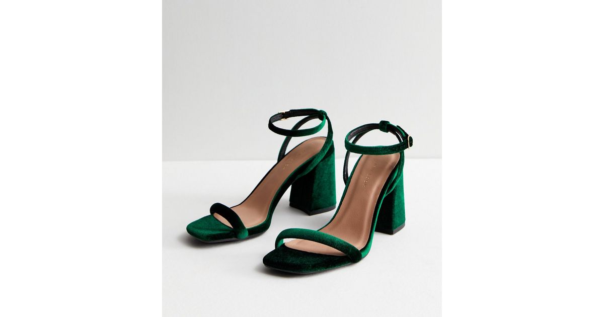 Dark Green Velvet 2 Part Block Heel Sandals | New Look