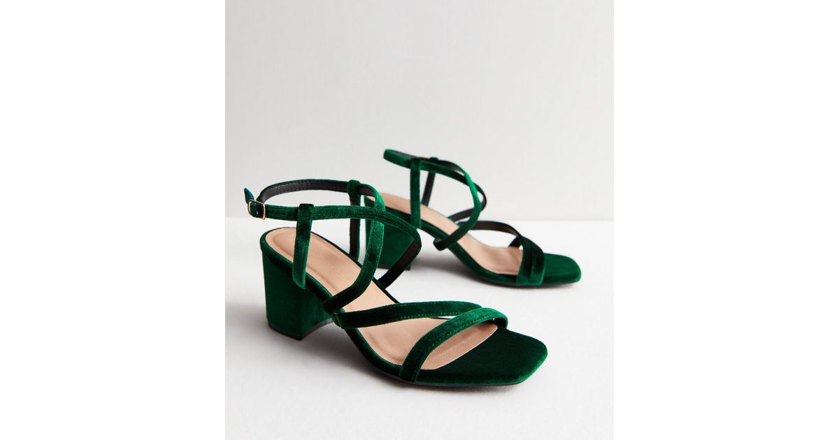 Wide Fit Dark Green Velvet Strappy Block Heel Sandals | New Look