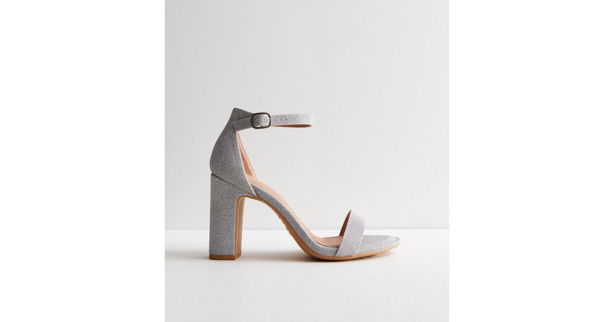 Wide Fit Silver Glitter 2 Part Block Heel Sandals | New Look