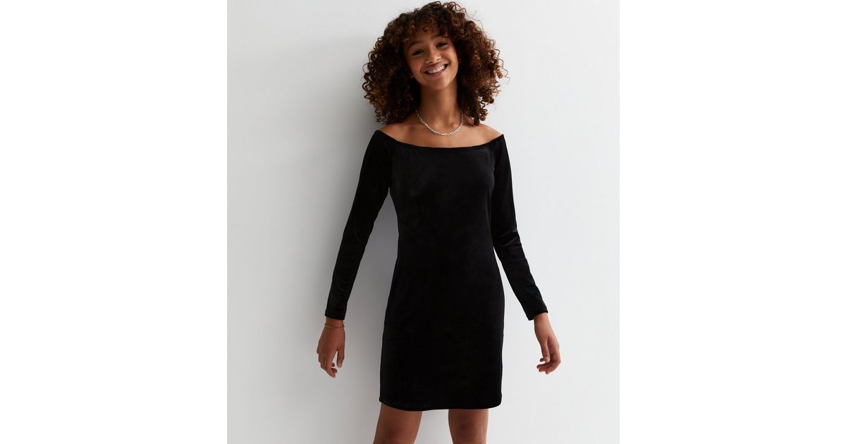 Girls Black Velvet Bardot Long Sleeve Dress | New Look