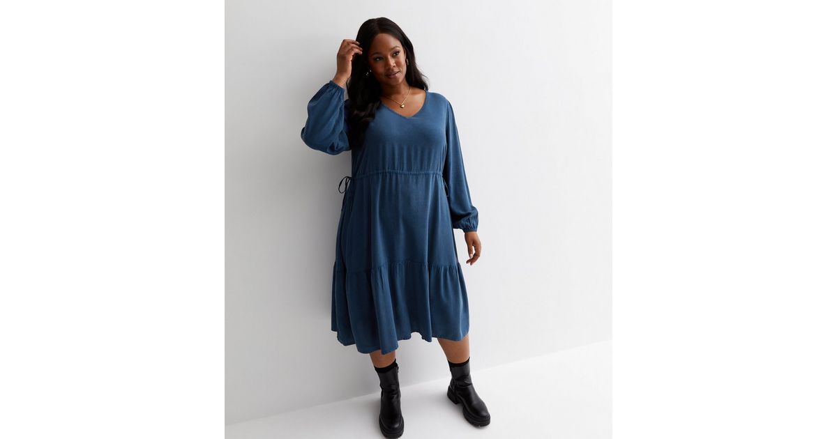 Curves Blue Denim-Look Tiered Midi Dress | New Look