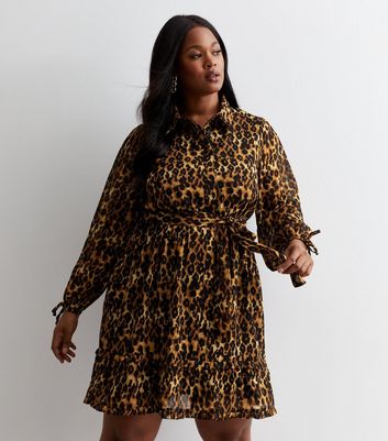 Curves Brown Animal Print Frill Hem Belted Mini Dress | New Look