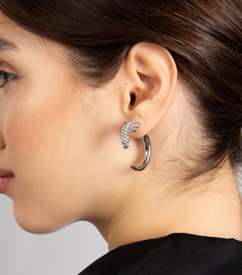 Freedom Silver Pave and Metal Stud Earrings New Look