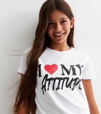 Girls White I Heart My Attitude Logo T-Shirt | New Look