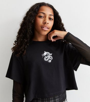 Girls Black Mesh 2-in-1 Dragon Logo Top | New Look