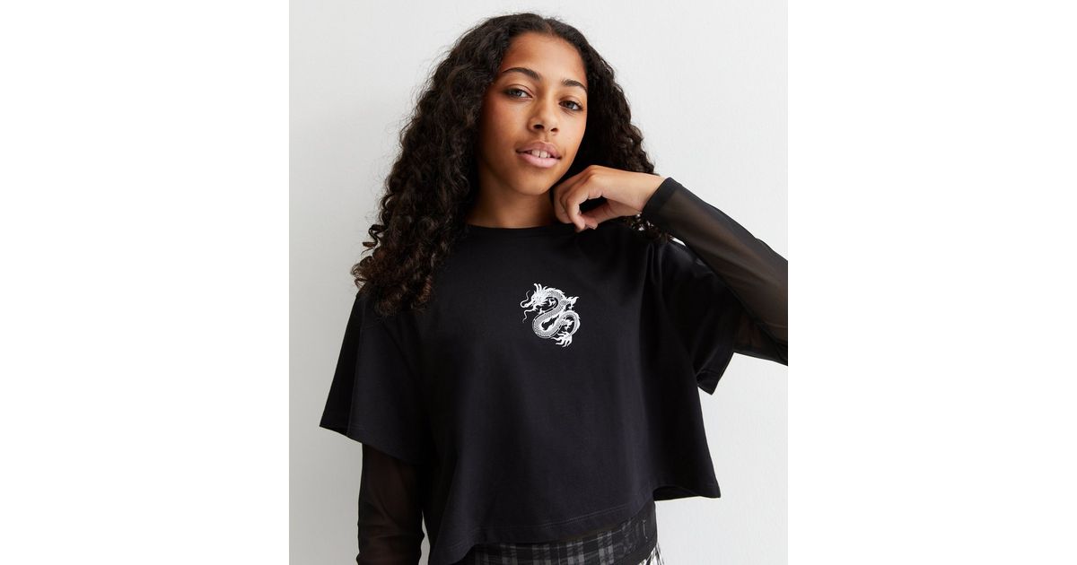 Girls Black Mesh 2-in-1 Dragon Logo Top | New Look