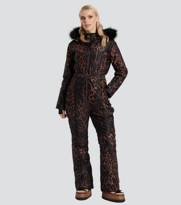 South Beach Brown Leopard Print Faux Fur Trim Ski Snowsuit | New Look