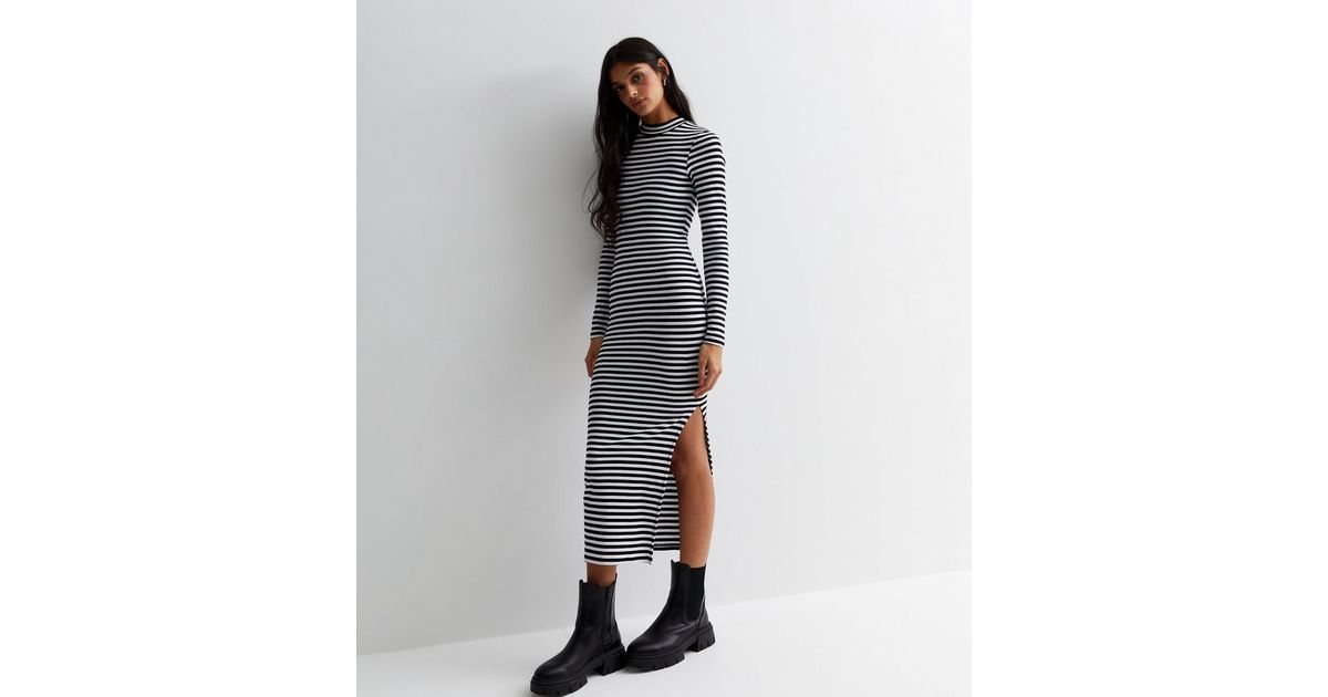 Black Stripe Ribbed Jersey Split Hem Midi Dress | New Look