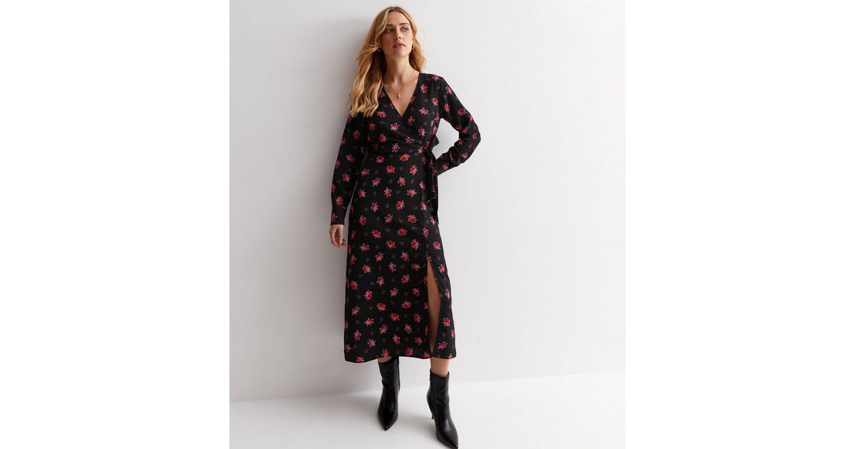 Black Rose Print V Neck Wrap Split Hem Midaxi Dress New Look