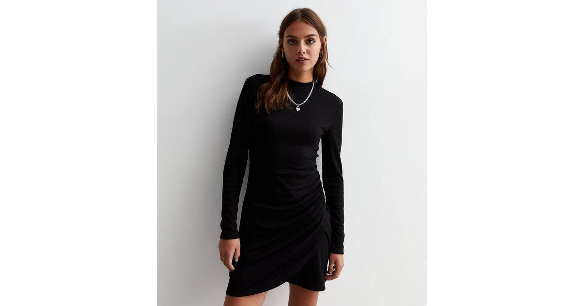 Black High Neck Wrap Mini Dress | New Look