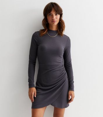Dark Grey High Neck Wrap Mini Dress | New Look