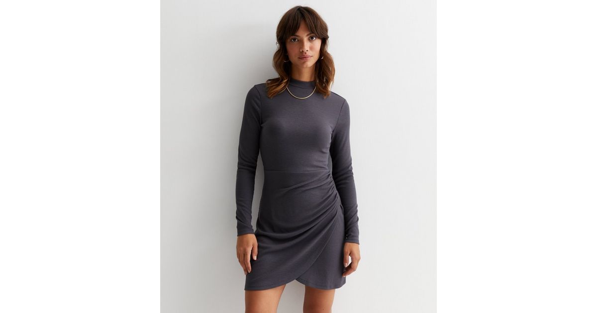 Dark Grey High Neck Wrap Mini Dress | New Look