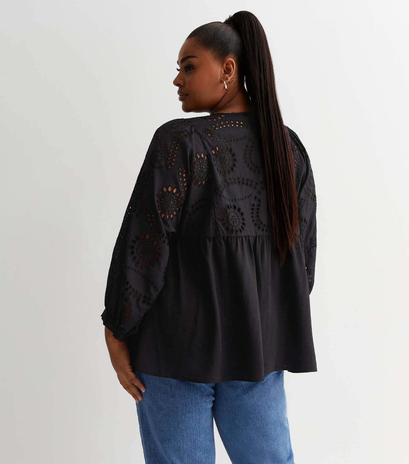 Curves Black Broderie Button Front Peplum Blouse New Look