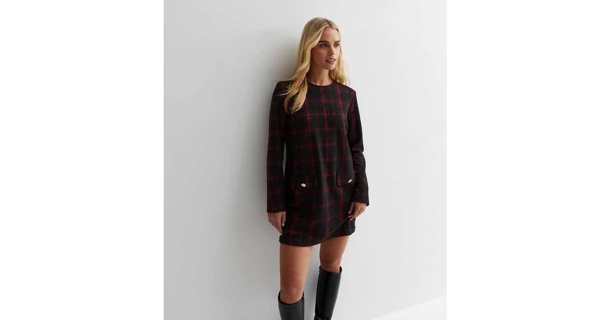 Petite Red Check Bouclé Long Sleeve Mini Dress | New Look