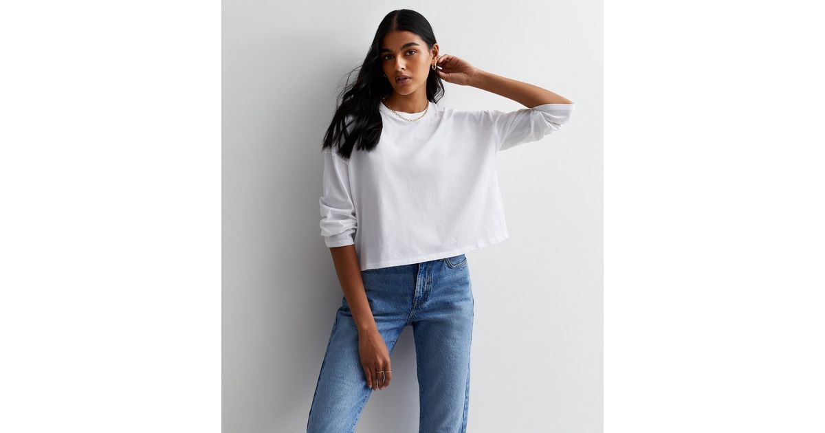 White Cotton Boxy Long Sleeve T-Shirt | New Look