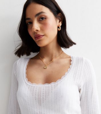 White Pointelle Lace Trim Top | New Look