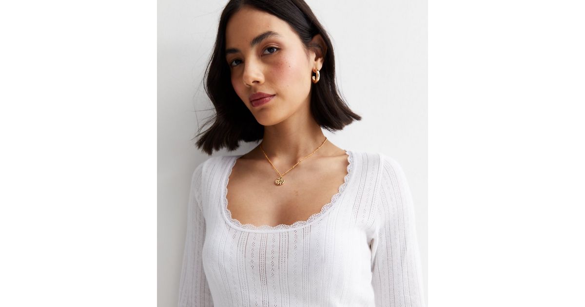 White Pointelle Lace Trim Top | New Look