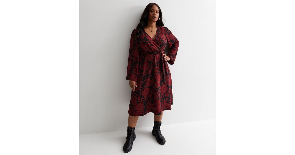Curves Red Floral Midi Wrap Dress | New Look