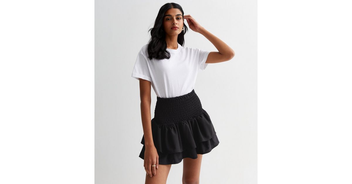 Quiz Black Shirred Ruffle Hem Mini Skirt New Look