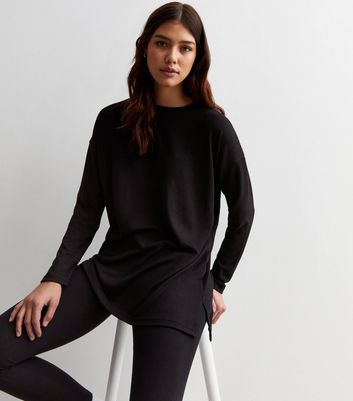 Tall Black Soft Touch Long Sleeve Split Hem Top | New Look