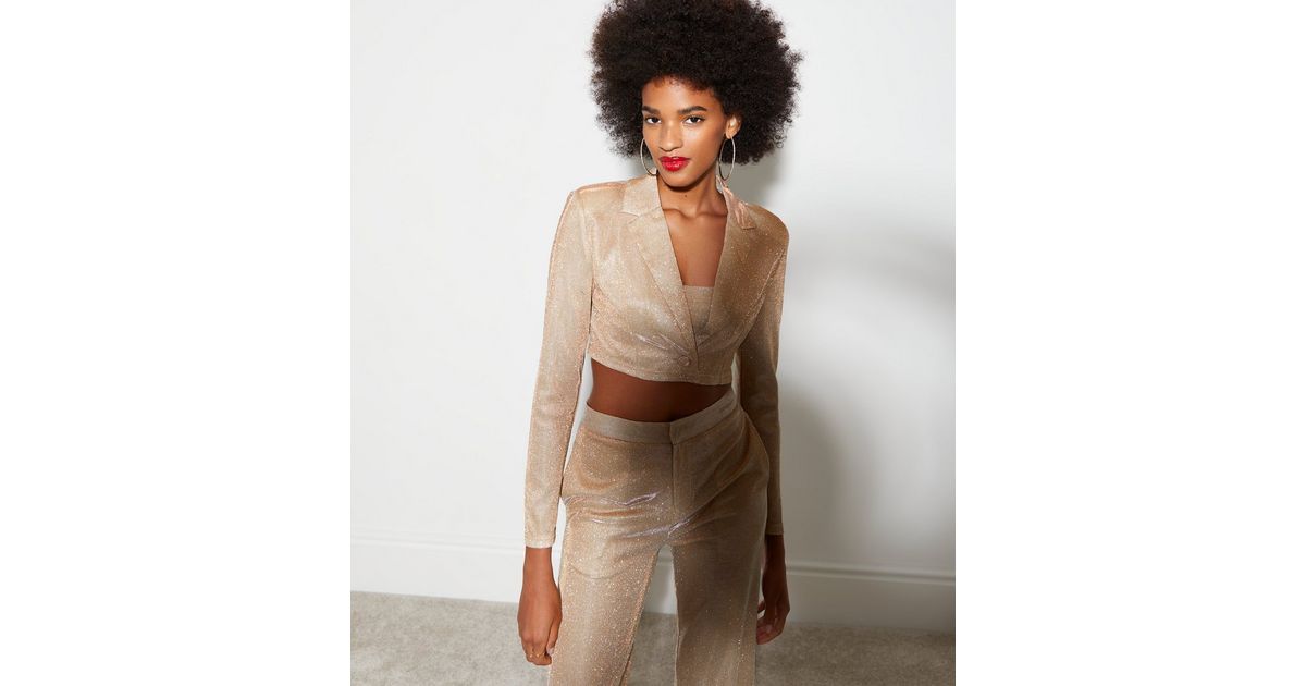 Pink Vanilla Cream Metallic Crop Blazer | New Look