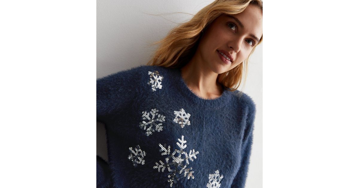 Mela Navy Fluffy Knit Sequin Snowflake Jumper | New Look