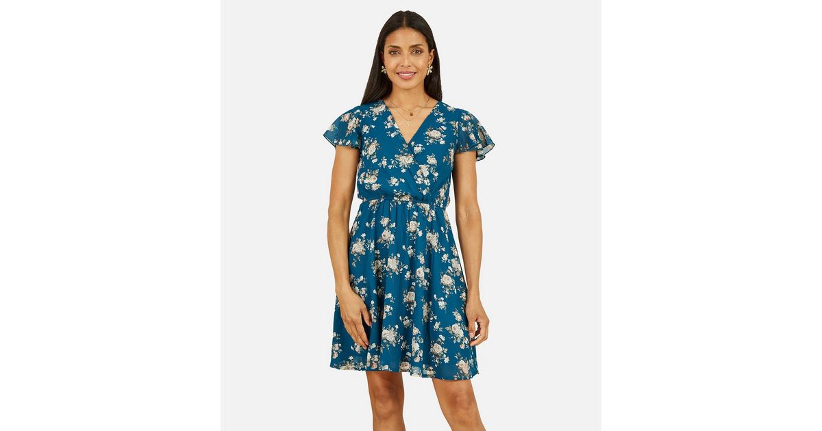 Mela Teal Floral Flutter Sleeve Wrap Mini Dress | New Look