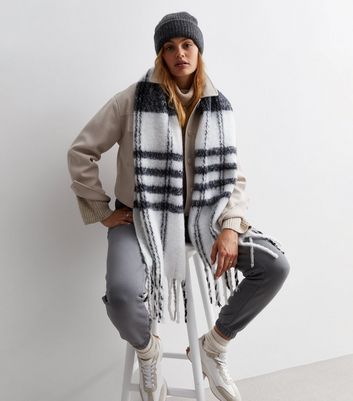 White Check Brushed Tassel Trim Scarf | New Look