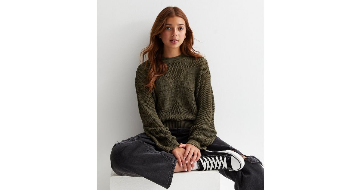 Girls Khaki Knit Butterfly Jumper | New Look
