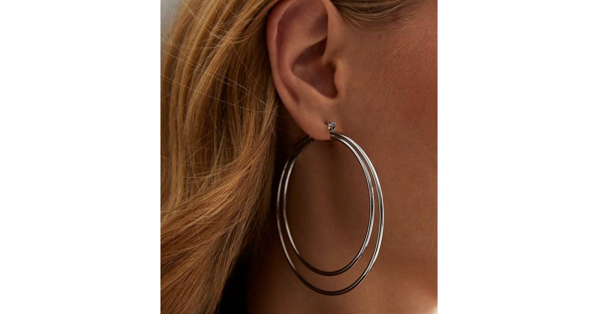 Silver Large Hinge Double Hoop Earrings | New Look