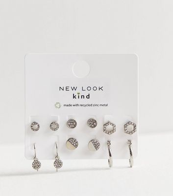 6 Pack Silver Diamante Stud and Hoop Earrings