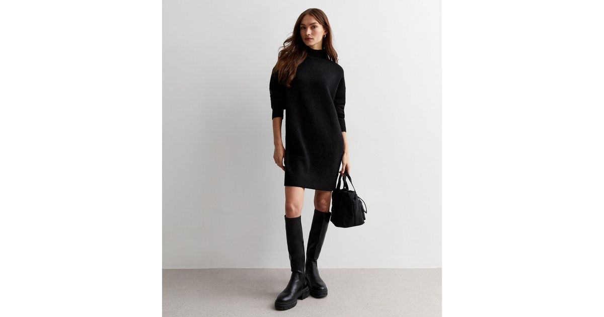 Black Knit High Neck Mini Dress | New Look