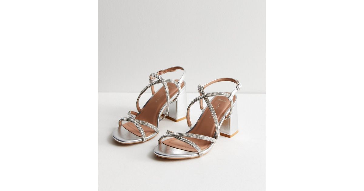 Wide Fit Silver Diamanté Strappy Block Heel Sandals | New Look