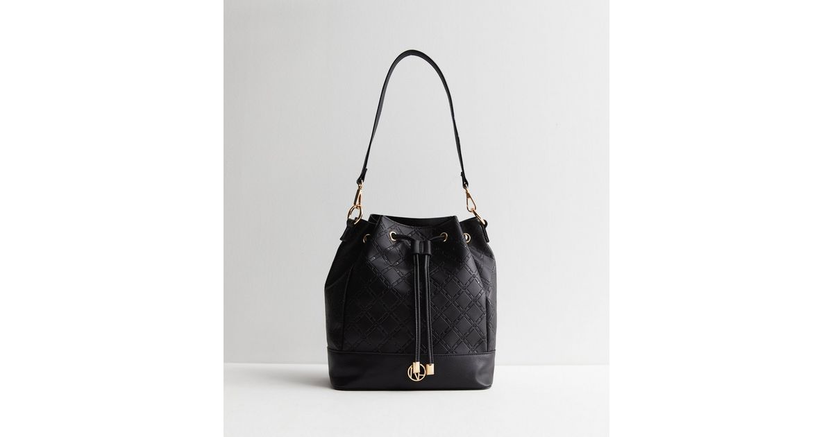 Black Embossed Leather-Look Drawstring Bucket Bag | New Look