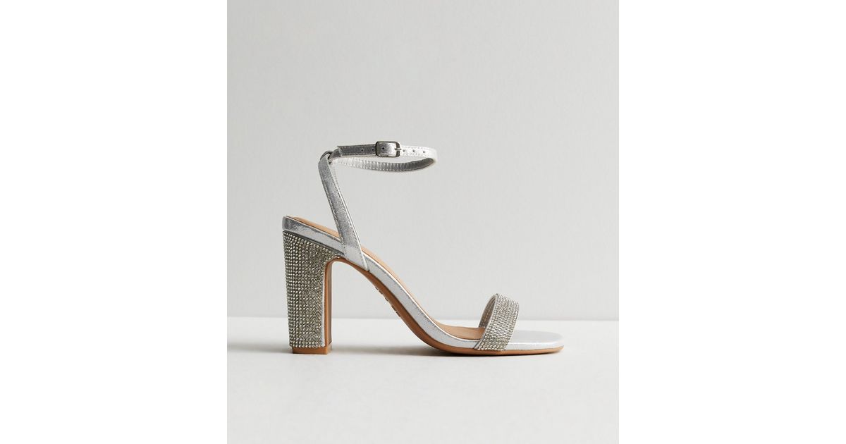 Silver Metallic Embellished Ankle Strap Block Heel Sandals | New Look