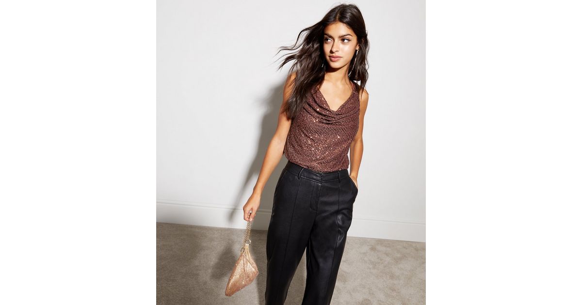 Gini London Brown Sequin Cowl Neck Top | New Look