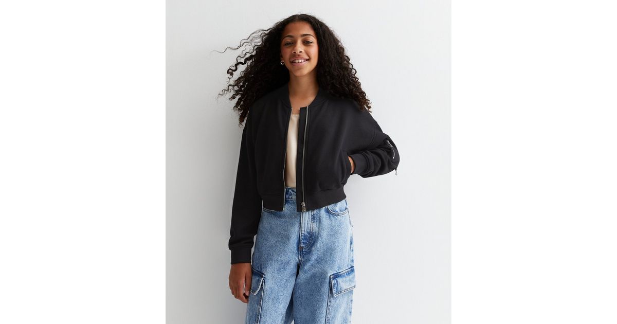 Girls Black Crop Bomber Jacket | New Look