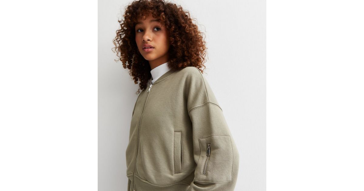 Girls Khaki Crop Bomber Jacket | New Look