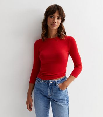 Red Crew Neck 3/4 Sleeve Top | New Look
