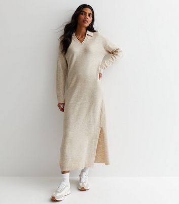 Cream Knit Collared Maxi Dress | New Look