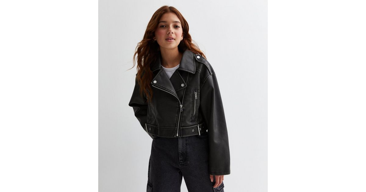 Girls Dark Grey Washed Leather-Look Jacket | New Look