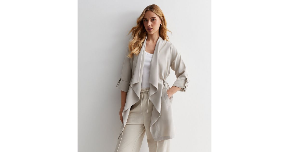 Stone 3/4 Sleeve Waterfall Duster Coat | New Look