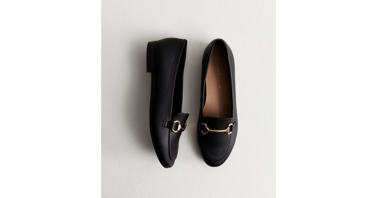 Black Leather-Look Snaffle Trim Loafers | New Look