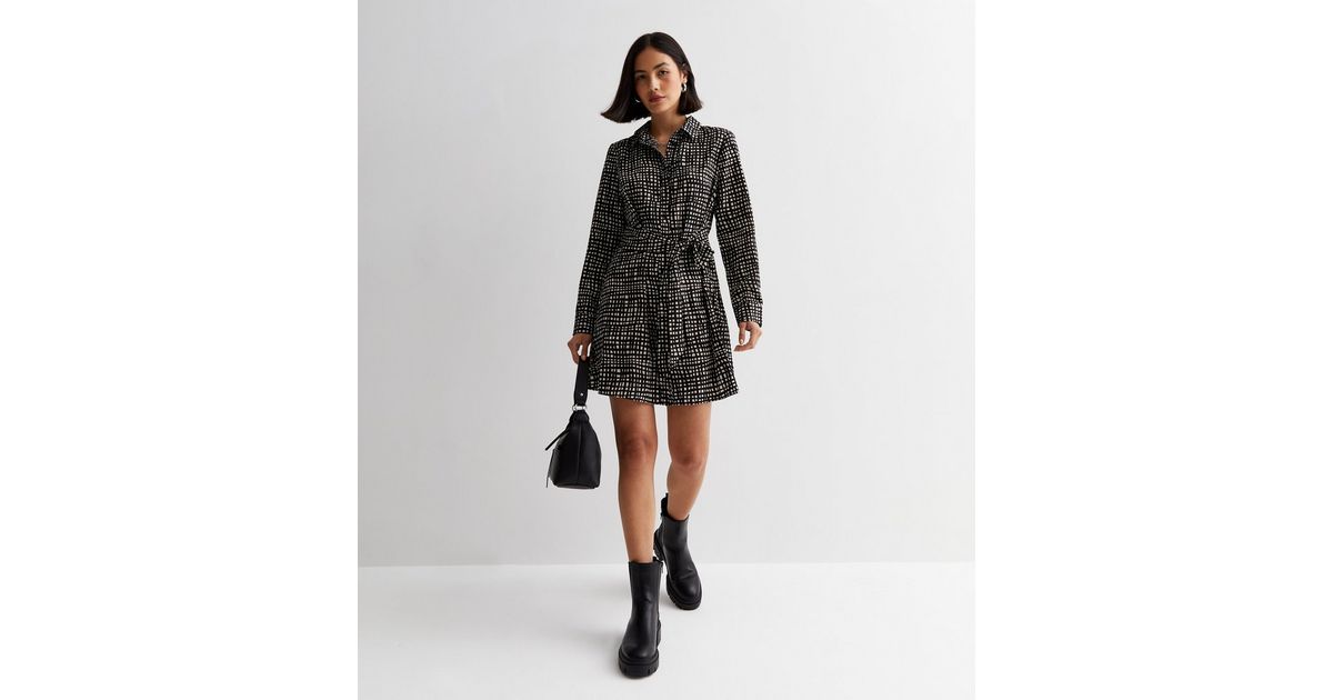 Black Square Print Crepe Mini Shirt Dress | New Look