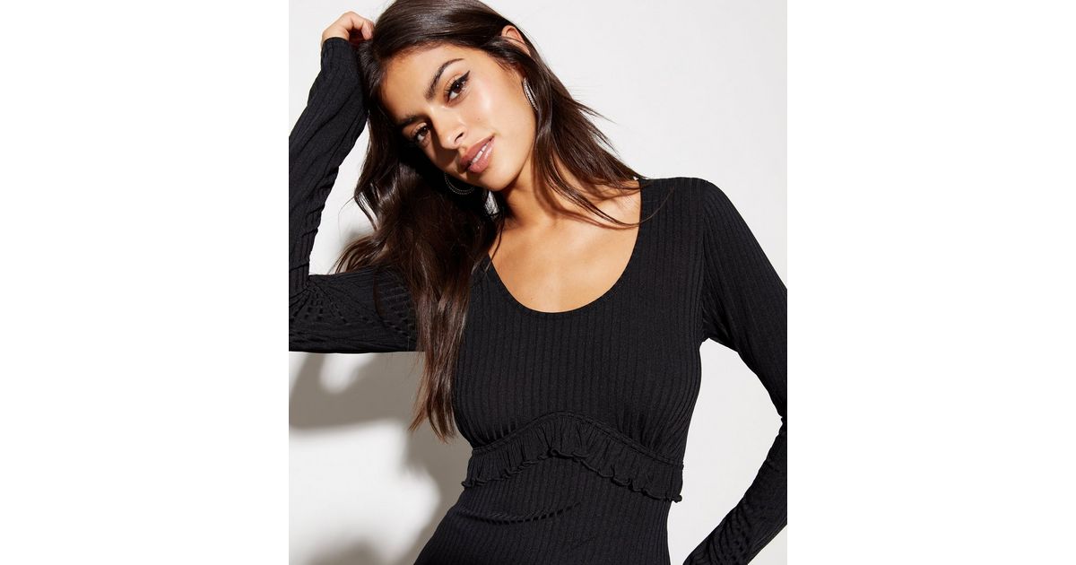 Black Ribbed Ruffle Detail Long Sleeve Top | New Look