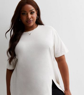 Curves Cream Cotton Split Hem T-Shirt | New Look