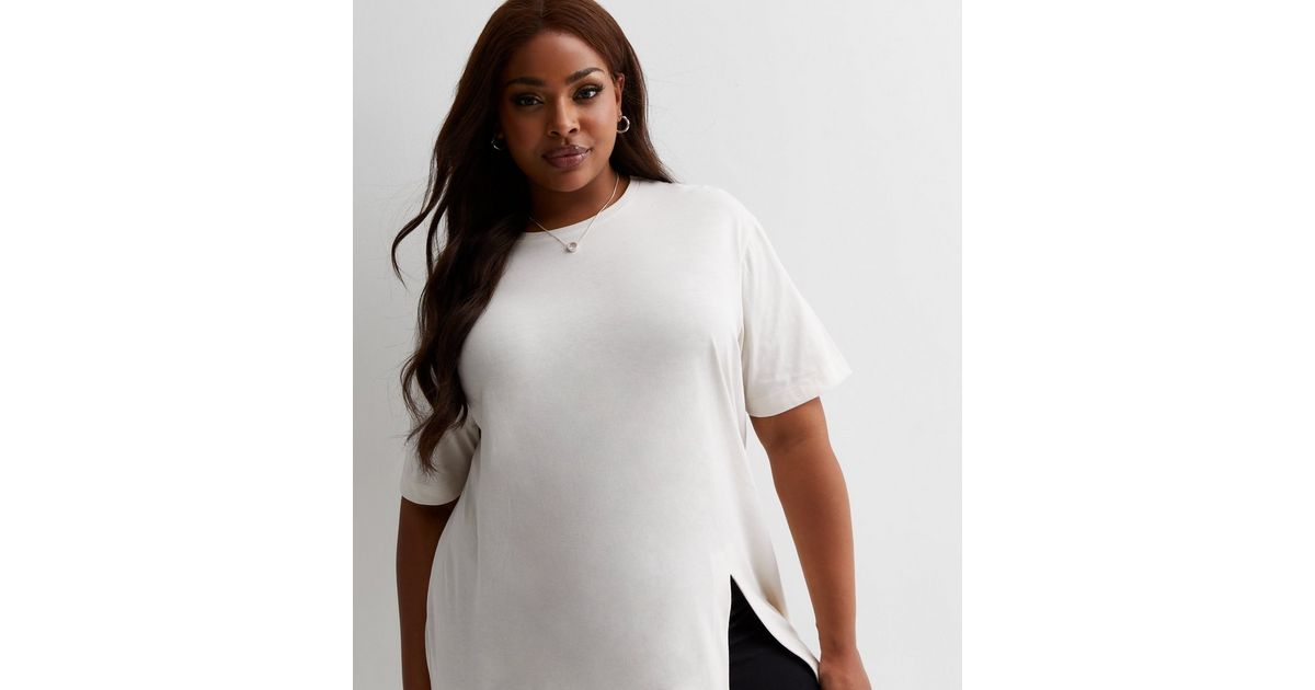 Curves Cream Cotton Split Hem T-Shirt | New Look