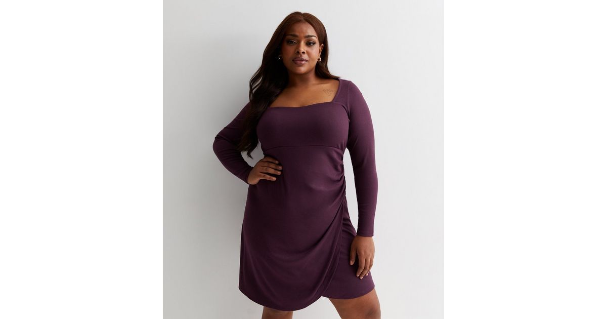 Curves Dark Purple Ribbed Square Neck Wrap Mini Dress | New Look